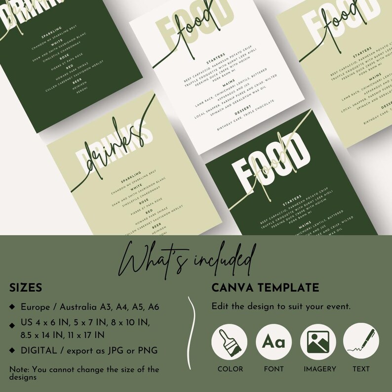 Chic Party Green Food and Drinks Menu, Editable Instant Download ...