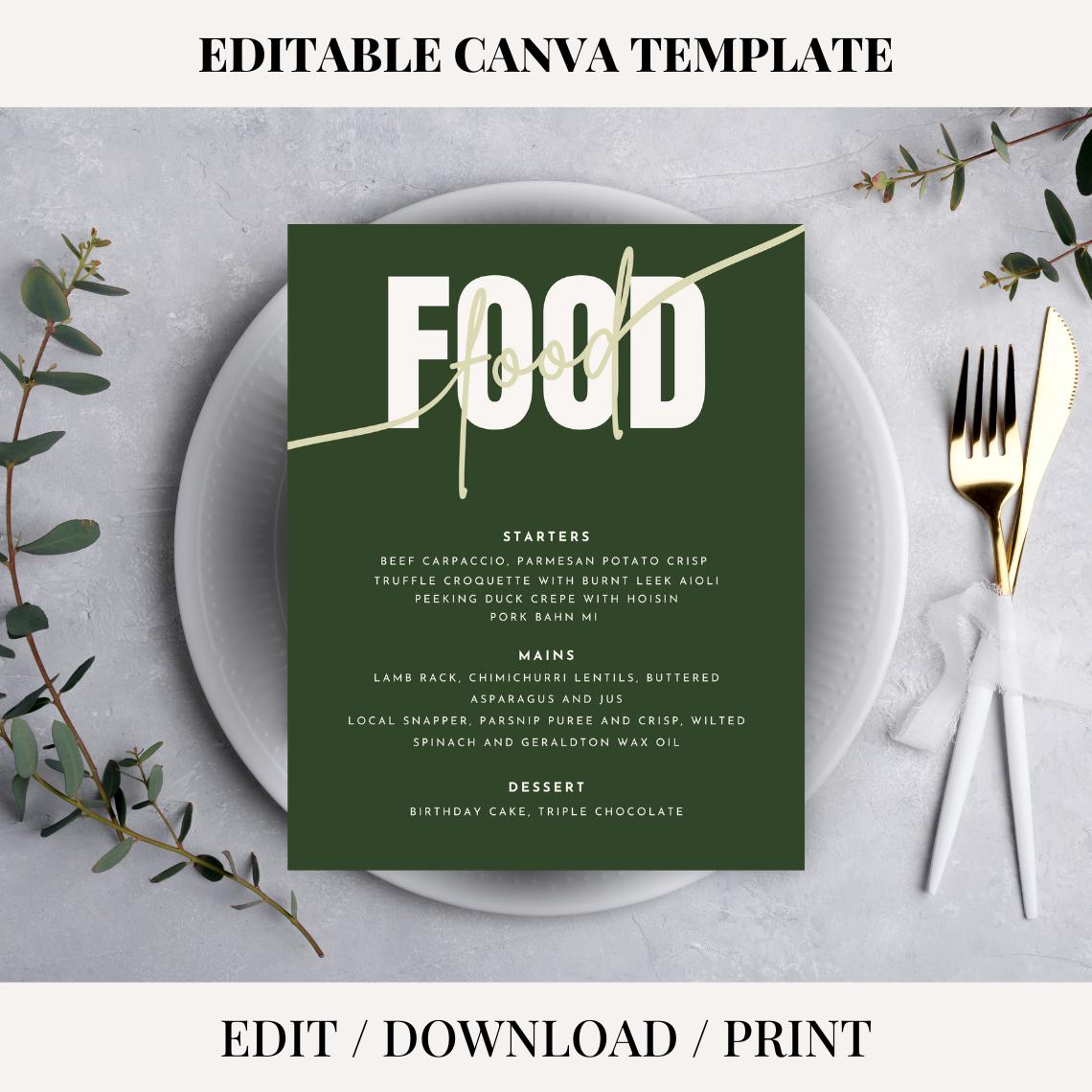 Chic Party Green Food and Drinks Menu, Editable Instant Download ...