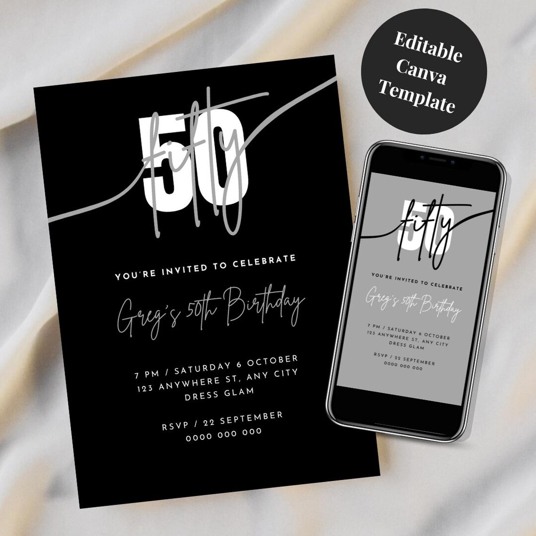 Stylish 50th Birthday Invitation, Editable Canva Invite Template ...