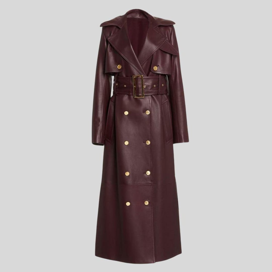 Women's Burgundy Leather Trench Coat Premium Lambskin Full-length Double-breasted Jacket With ...