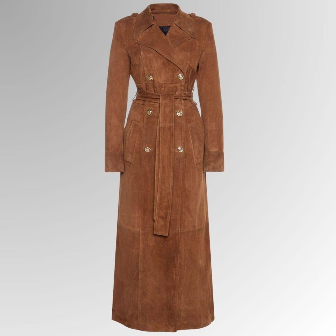 Brown Suede Long Coat for Women Double Breasted Vintage Trench Coat for ...