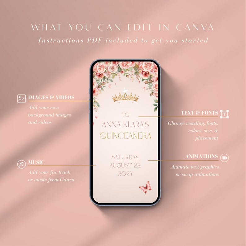 Animated Quinceañera Video Invitation With Pink Roses and Gold Tiara ...