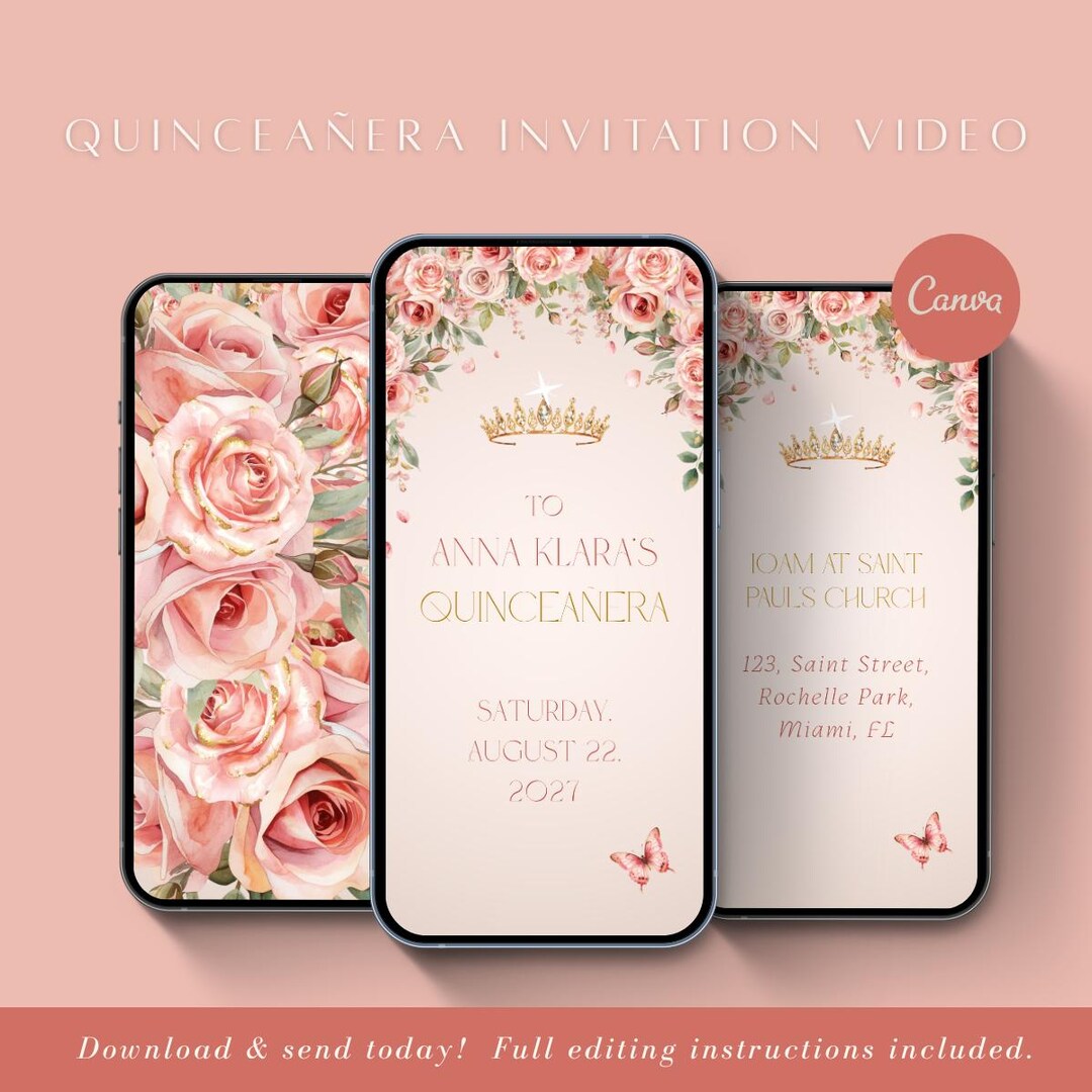 Animated Quinceañera Video Invitation With Pink Roses and Gold Tiara ...