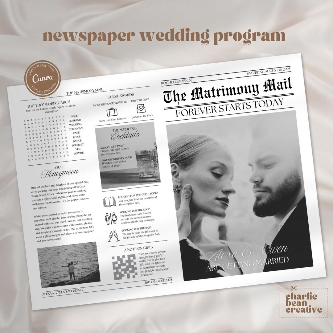 Vintage Newspaper Wedding Program Template, Editable Canva Design ...