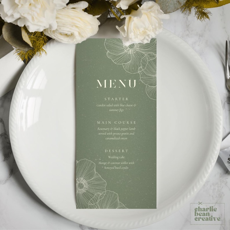 Sage Green Wedding Menu Template Minimalist Wildflower Menu Card ...