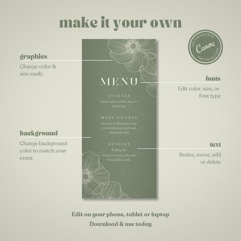 Sage Green Wedding Menu Template Minimalist Wildflower Menu Card ...
