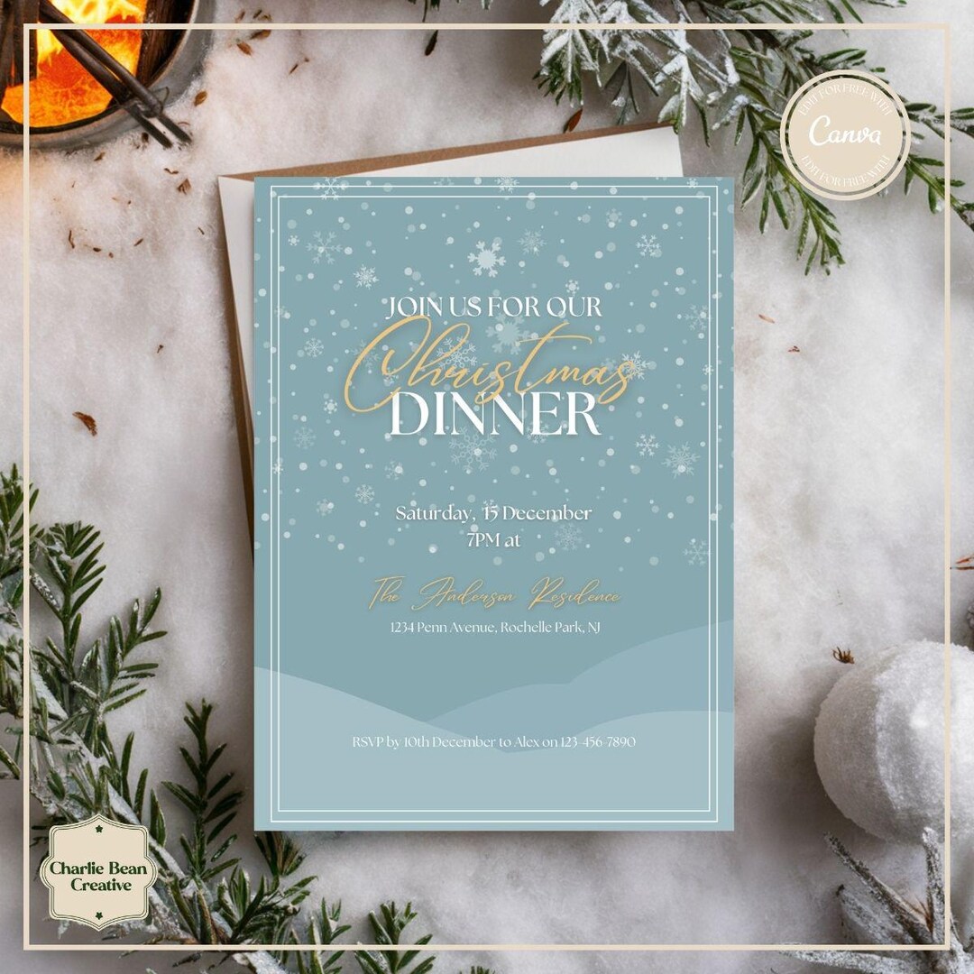 Editable Christmas Dinner Invite Canva Template Printable Snowy Blue ...