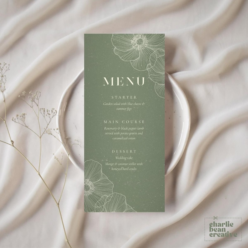 Sage Green Wedding Menu Template Minimalist Wildflower Menu Card ...