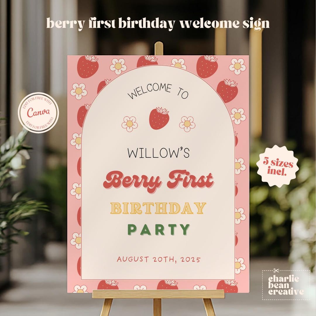 Editable Berry First Birthday Welcome Sign Template 1st Birthday Baby ...