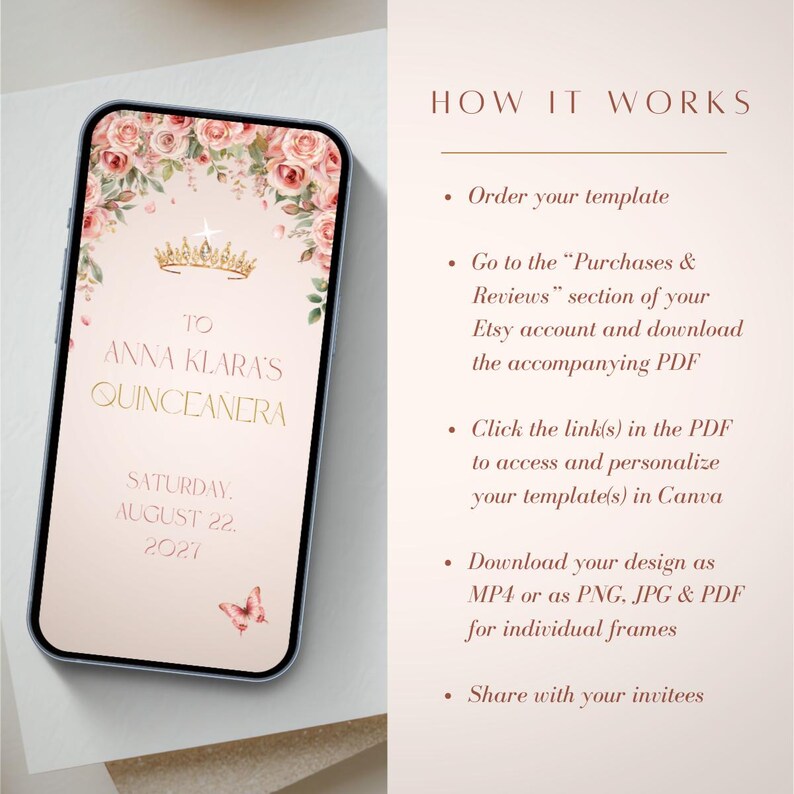 Animated Quinceañera Video Invitation With Pink Roses and Gold Tiara ...