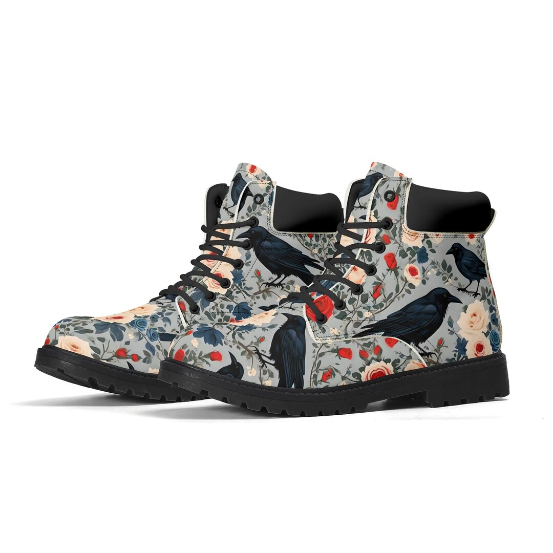 Quirky Gothic Crows and Roses Print Unique All Season Hiking Boots ...