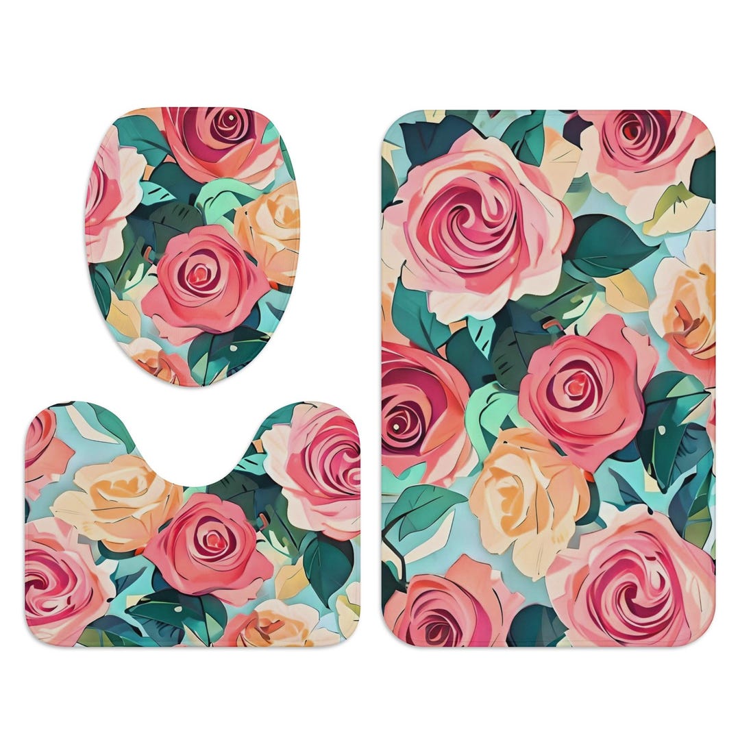 Abstract Roses Floral Bathroom Toilet Rug Mats Set Soft Cute - Etsy