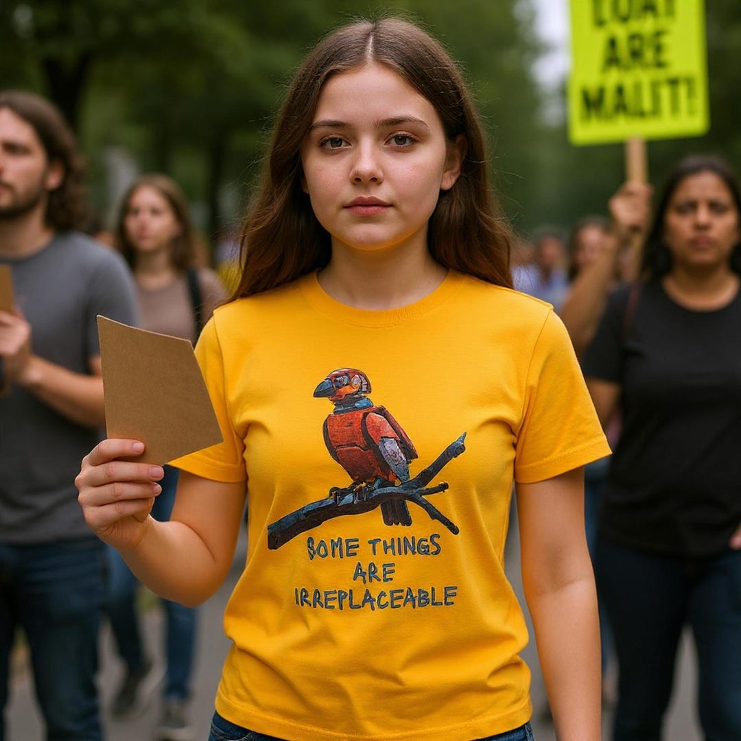 Irreplaceable Things, Robotic Bird, Environmental Protest Tee, Cotton ...