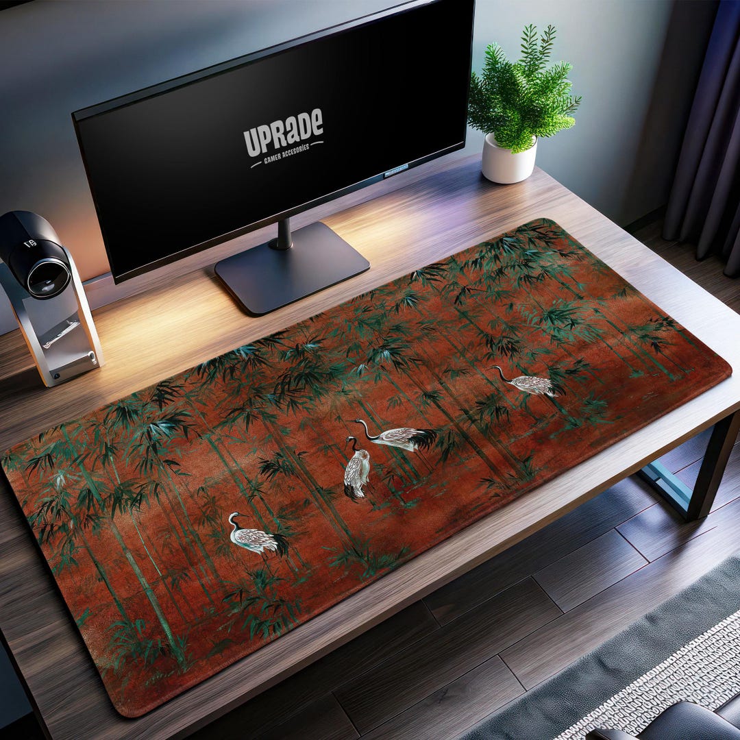 Tropical Crane and Bamboo Desk Mat Vibrant Nature Scene, Exotic Office ...