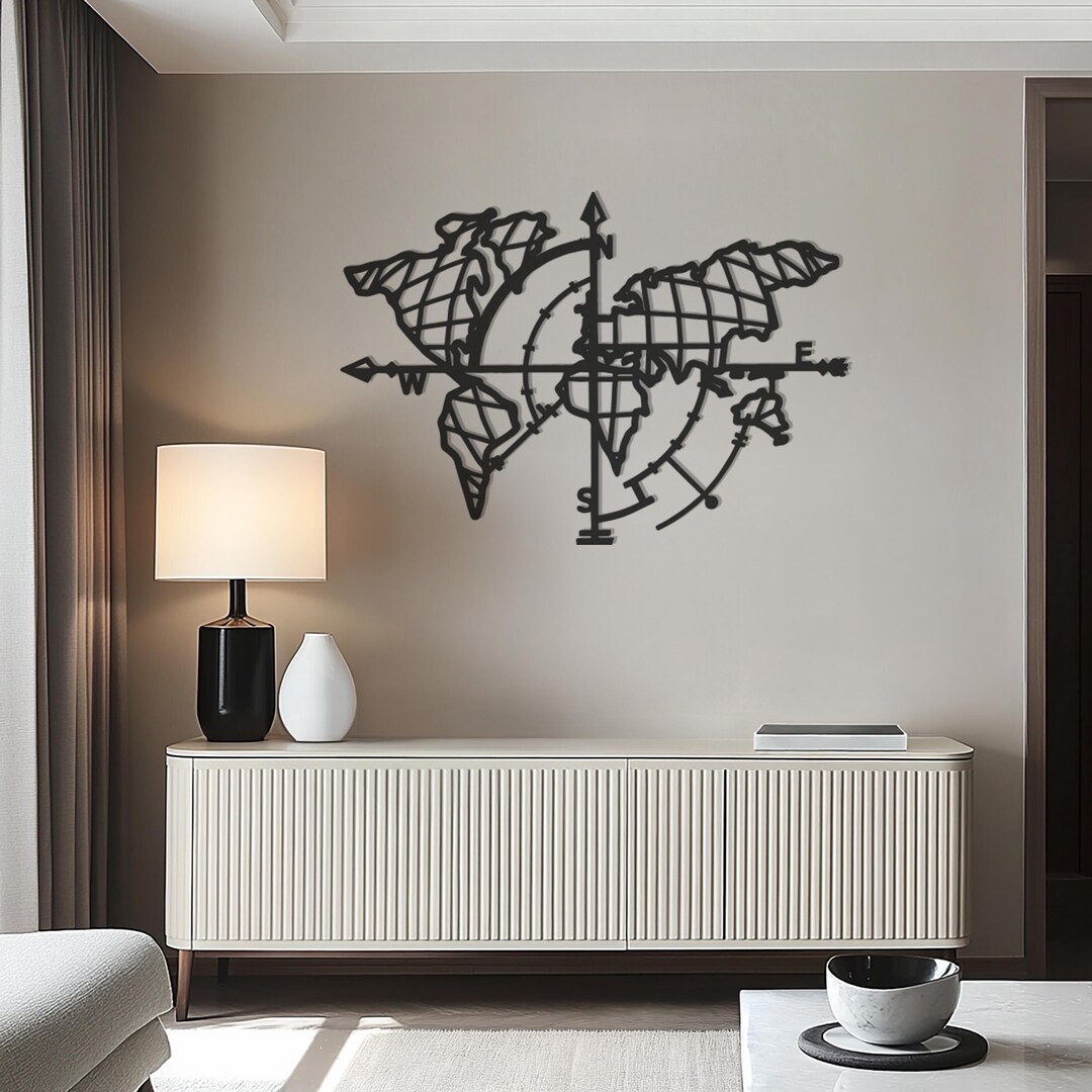 Metal World Map Compass, Metal Wall Decor Art Work - World Map Wall Art ...