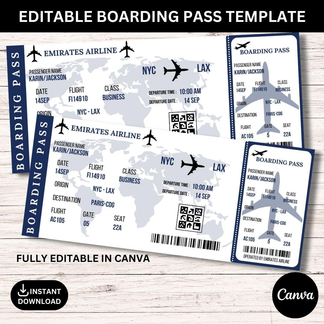 Editable Boarding Pass Canva Template, Airline Ticket Gift Surprise ...