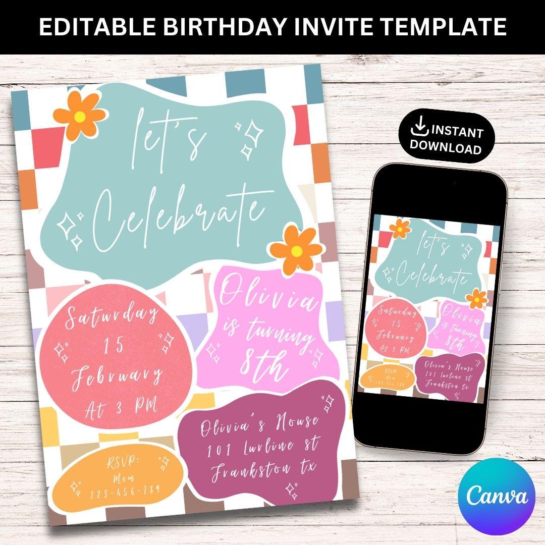 Editable Checkered Birthday Invite, Let’s Celebrate Preppy Invitation ...