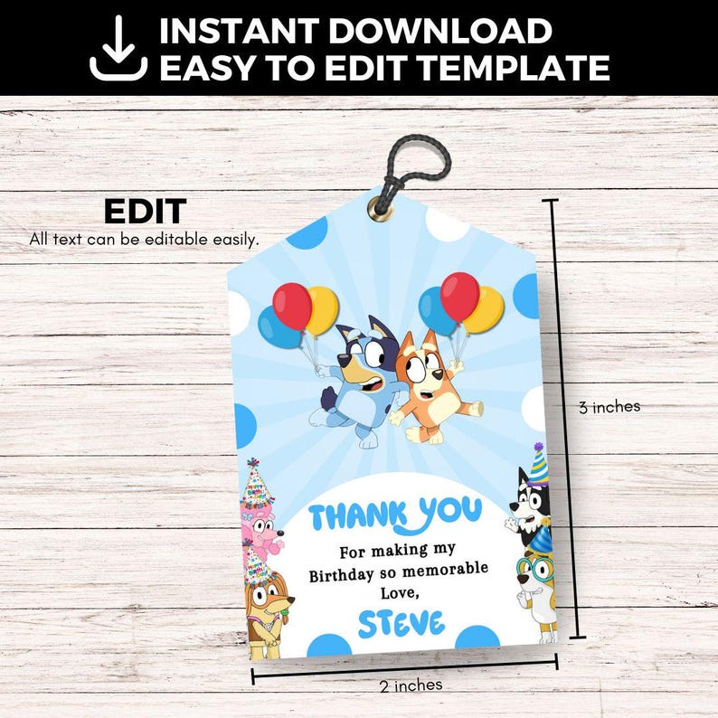 Bluey Editable Birthday Thank You Card, Bluey Favor Tags, Bluey Thank ...