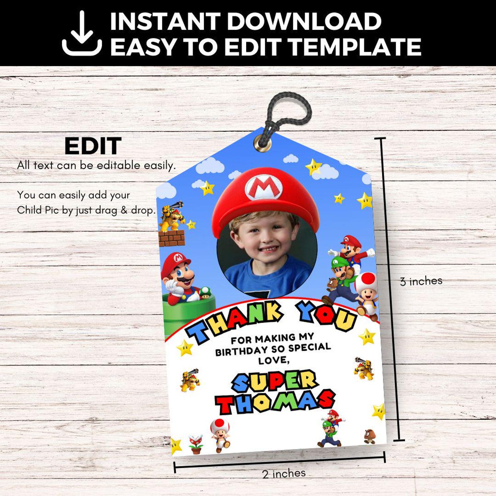 Editable Mario Bros Thank You Tag, Digital Super Mario Brothers Thank ...