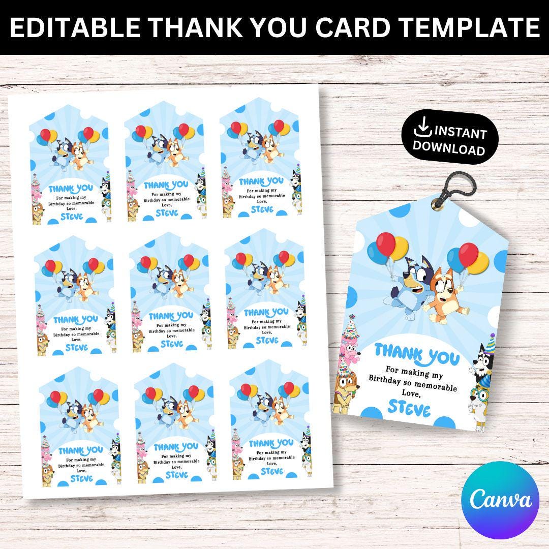 Bluey Editable Birthday Thank You Card, Bluey Favor Tags, Bluey Thank ...