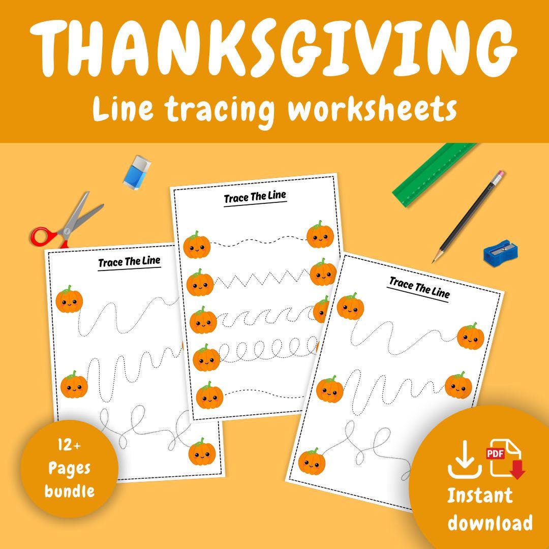 Thanksgiving Preschool Line Tracing Worksheets Bundle, Thanksgiving ...