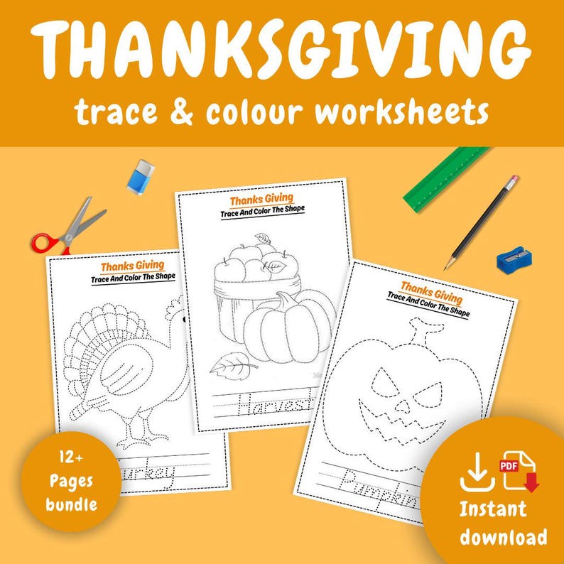 Thanksgiving Preschool Line Tracing Worksheets Bundle, Thanksgiving ...