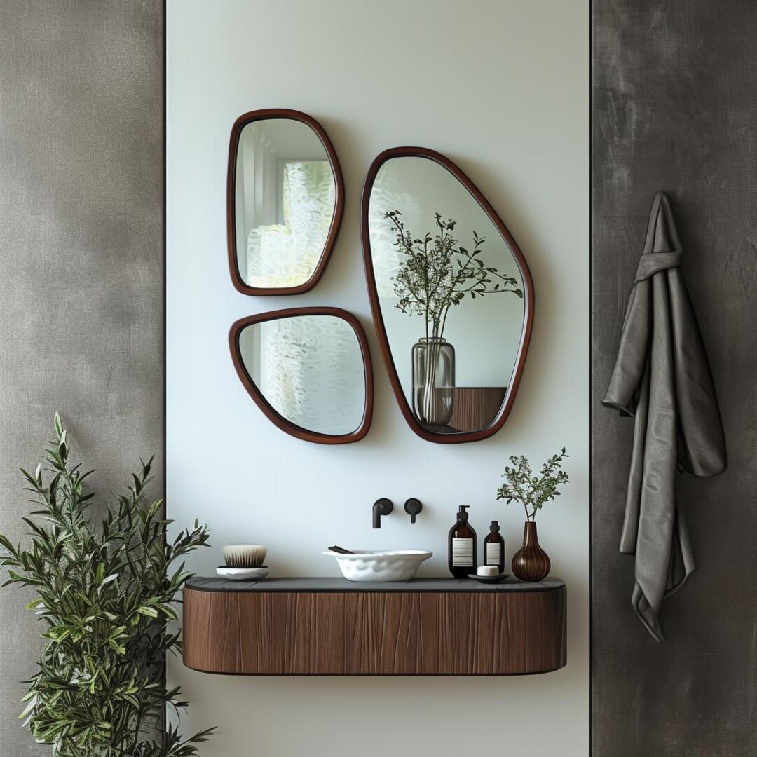 Irregular Shape 3-piece Mirror Set - Wooden Frame Mirrors, Minimalist ...