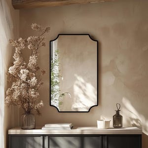 Notched Corner Rectangle Scalloped Wood Framed Wall Mirror, Irregular ...