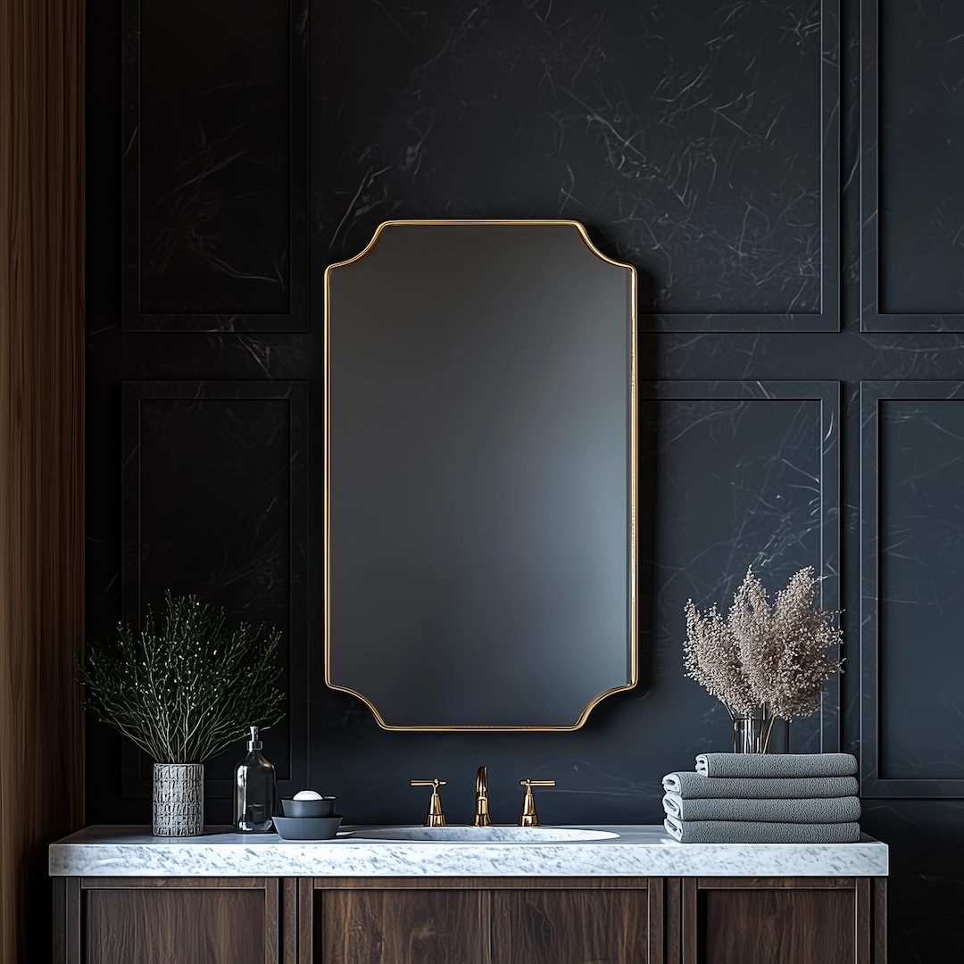 Notched Corner Rectangle Scalloped Wood Framed Wall Mirror, Irregular ...