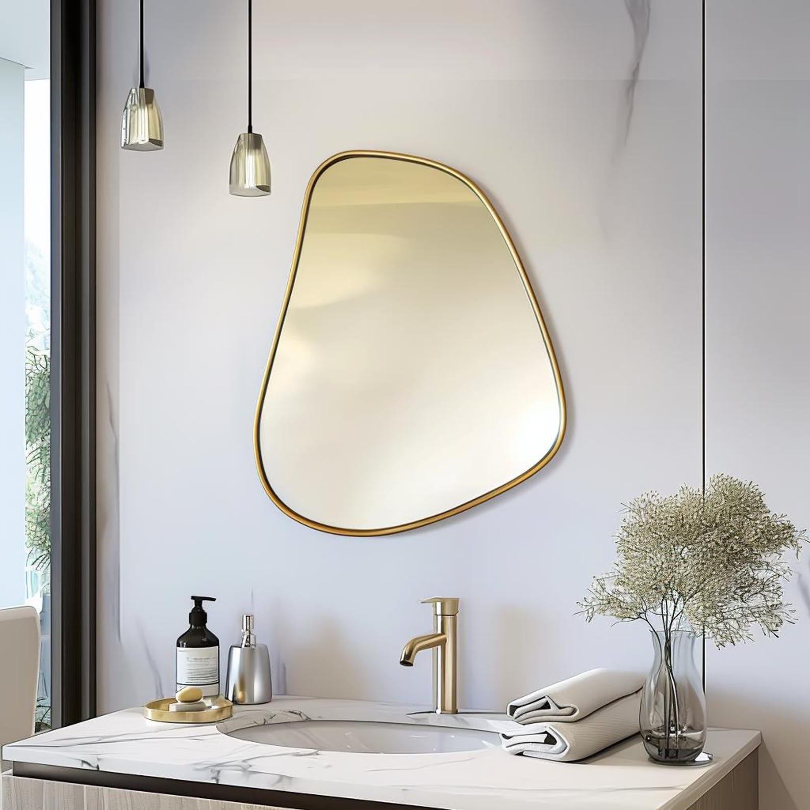 Asymmetrical Mirror, Console Mirror, Pond Mirror, Vanity Mirror, Brass ...