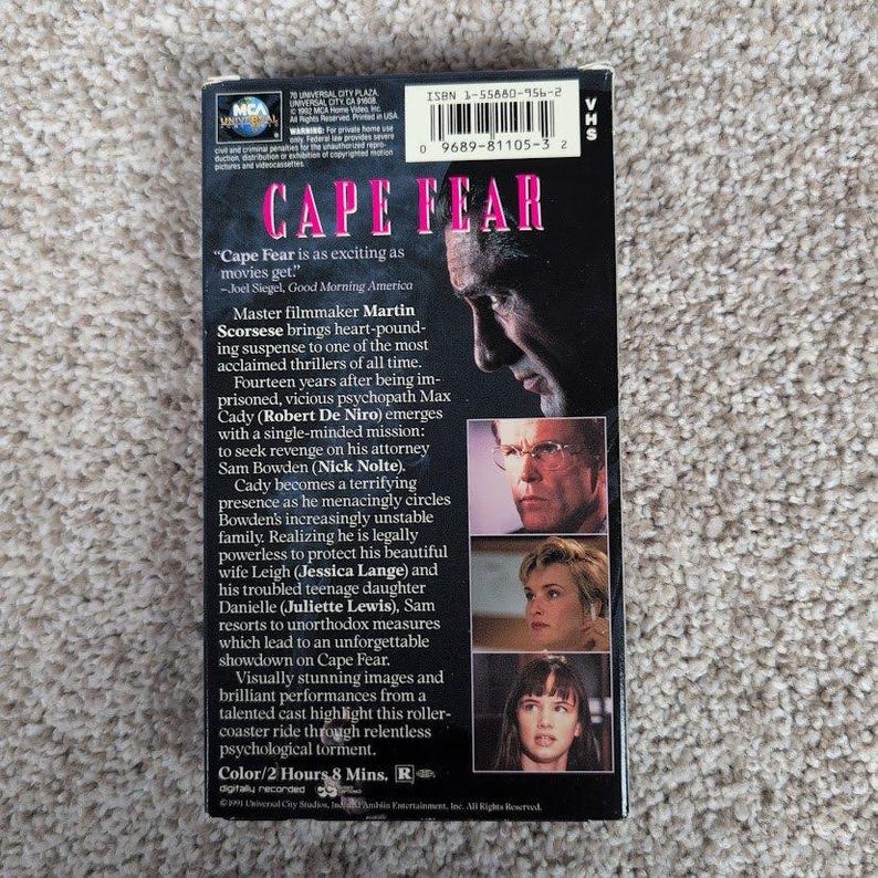 Cape Fear VHS Movie Robert De Niro Nick Nolte Jessica Lange Thriller ...