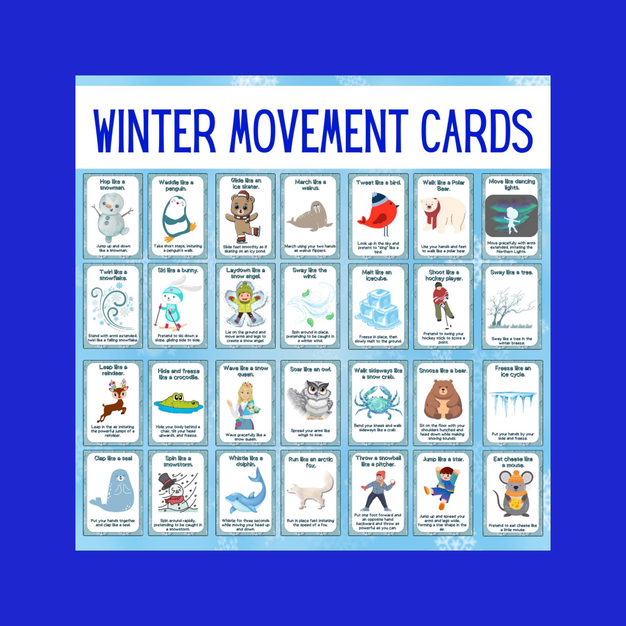 Winter Movement Cards for Kids Printables - Etsy