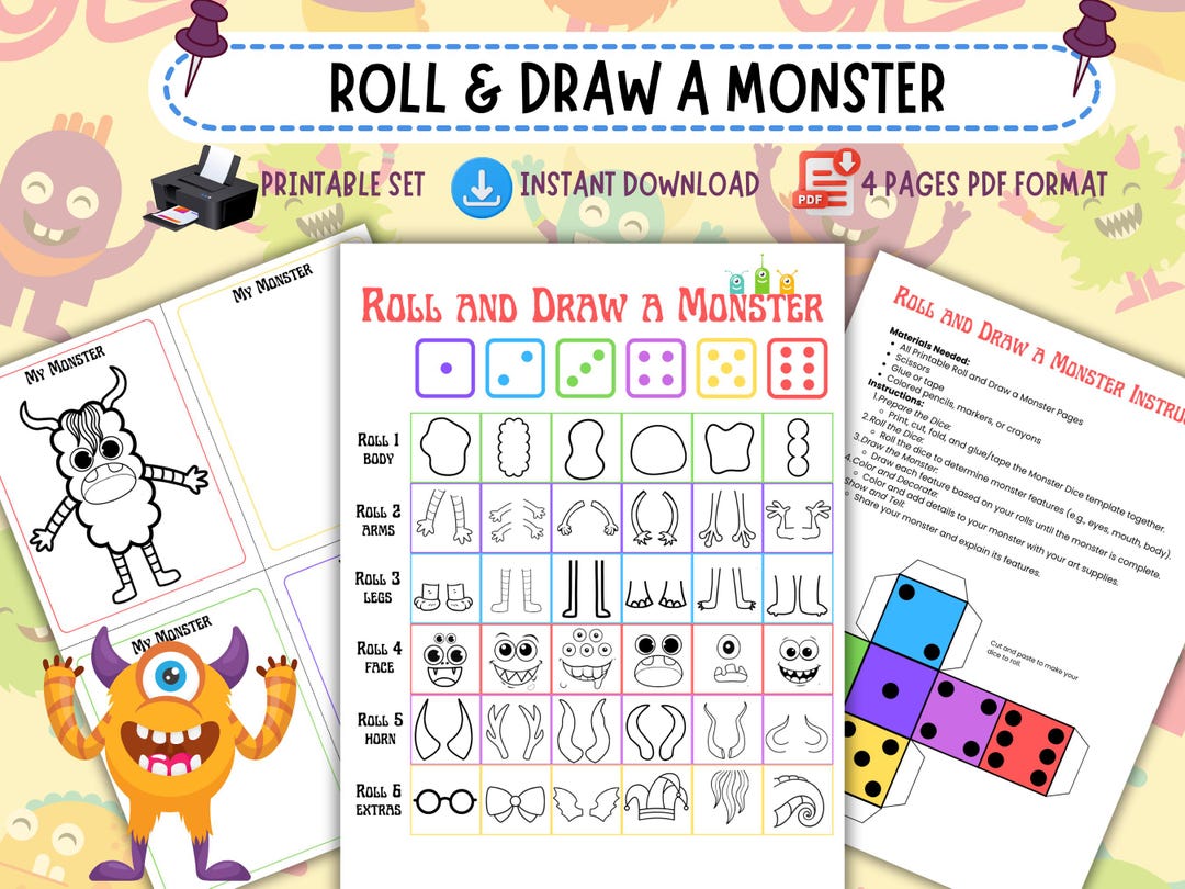 Roll & Draw a Monster Printable Activity for Kids - Etsy