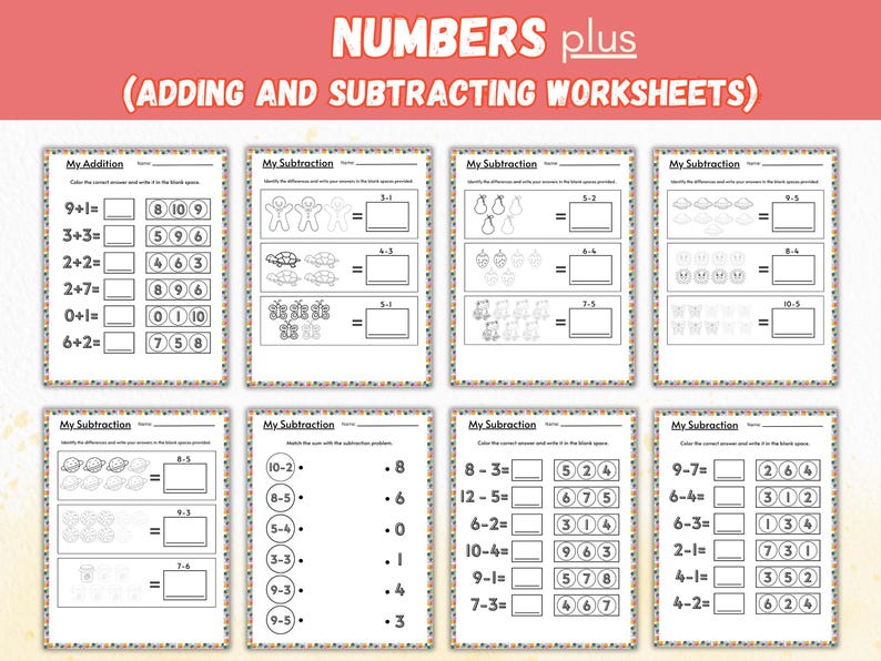 Numbers Plus Adding and Subtracting Worksheets - Etsy