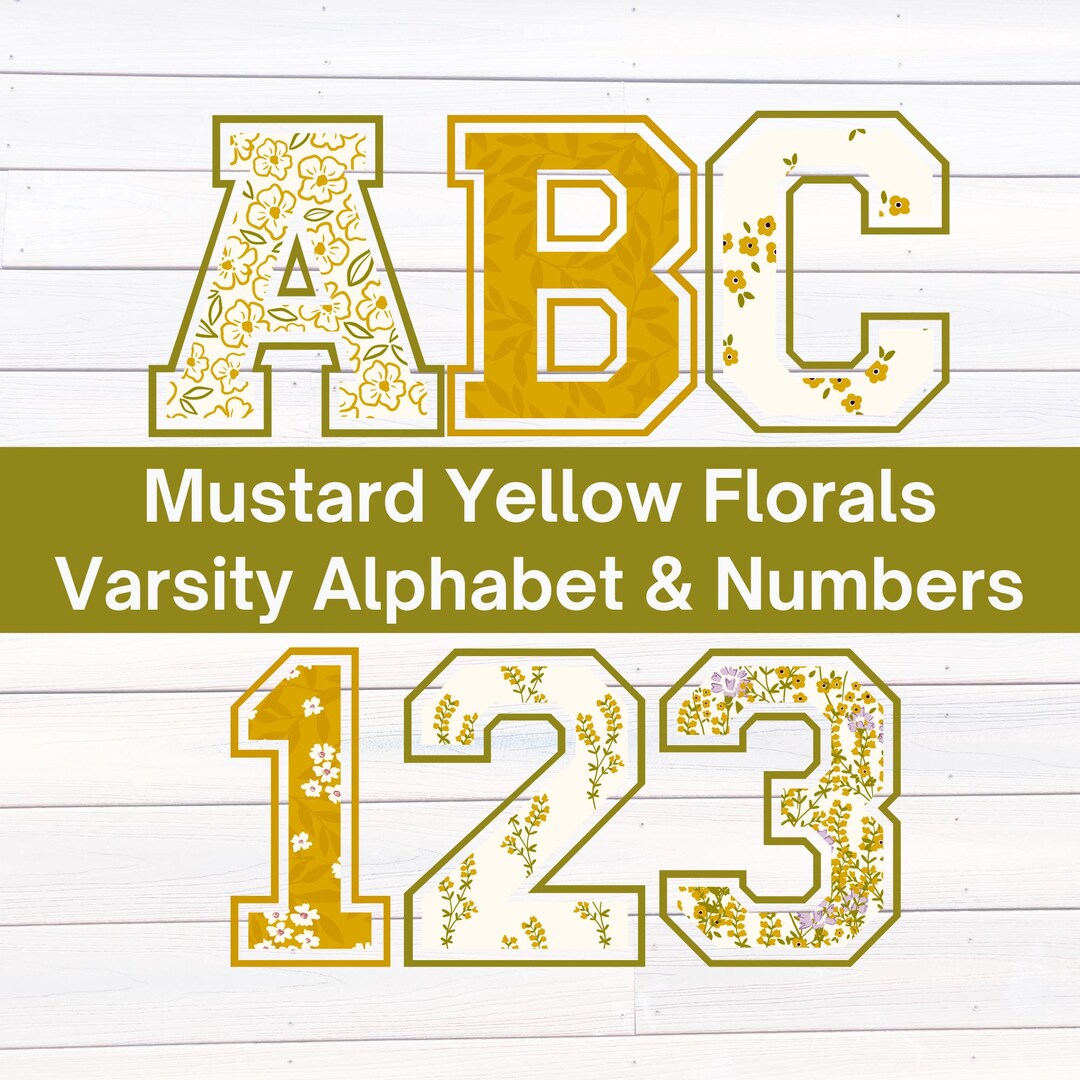 Mustard Yellow Floral Varsity Alphabet & Number PNG Bundle – Digital ...