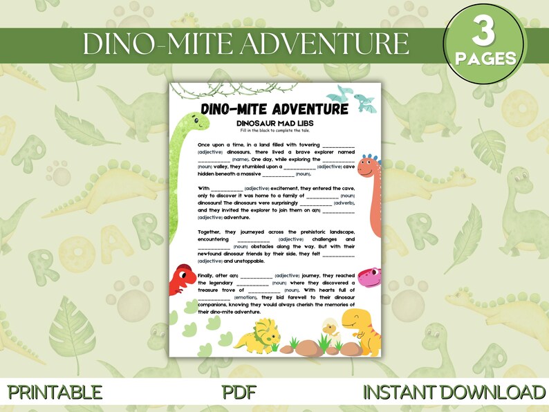 Printable Dinosaur Mad Libs for Kids - Etsy