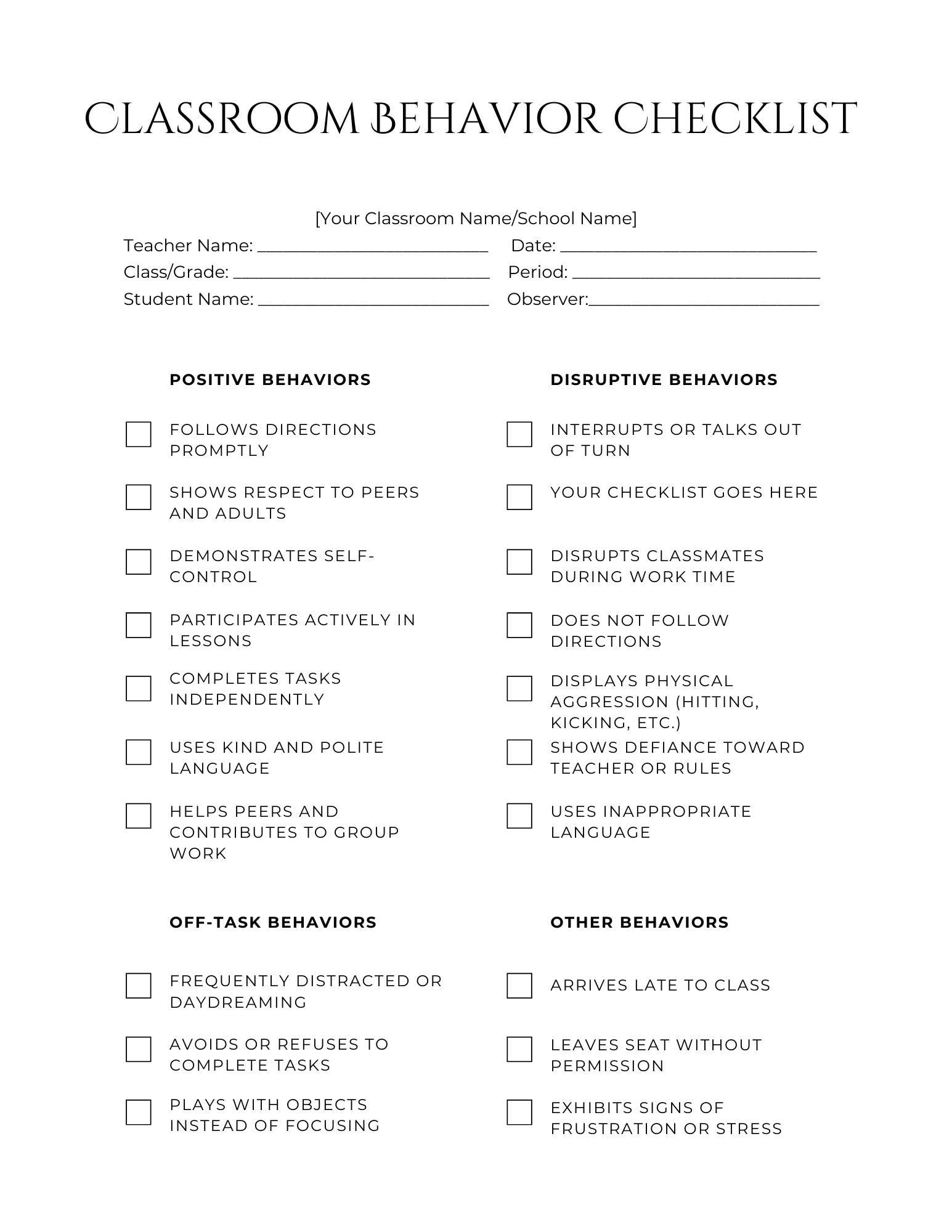 Classroom Behavior Checklist Canva Template - Fully Customizable - Etsy