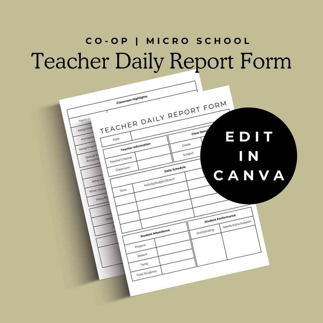 Homeschool Co-op Micro School Teacher Daily Report Form | Editable ...
