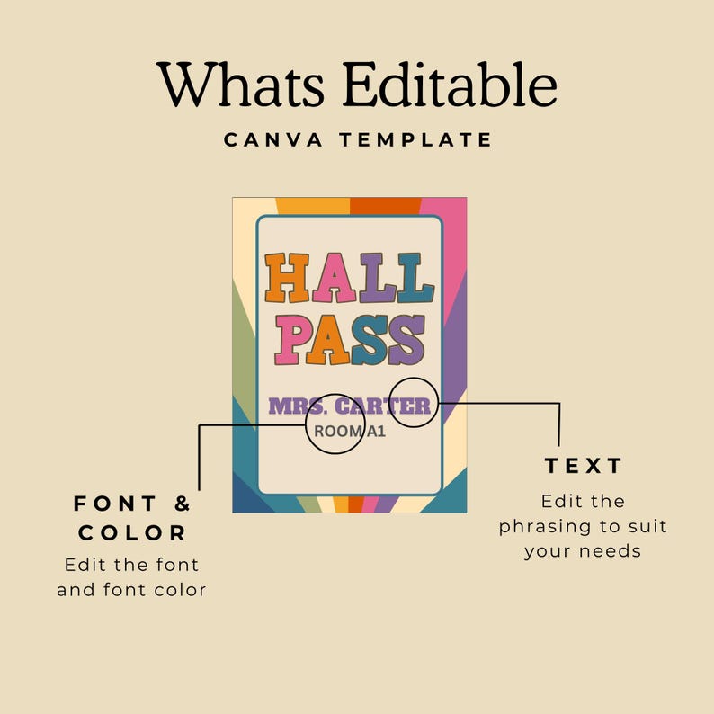Editable Classroom Hall Pass Set – Retro Vibes – Custom Canva Template ...