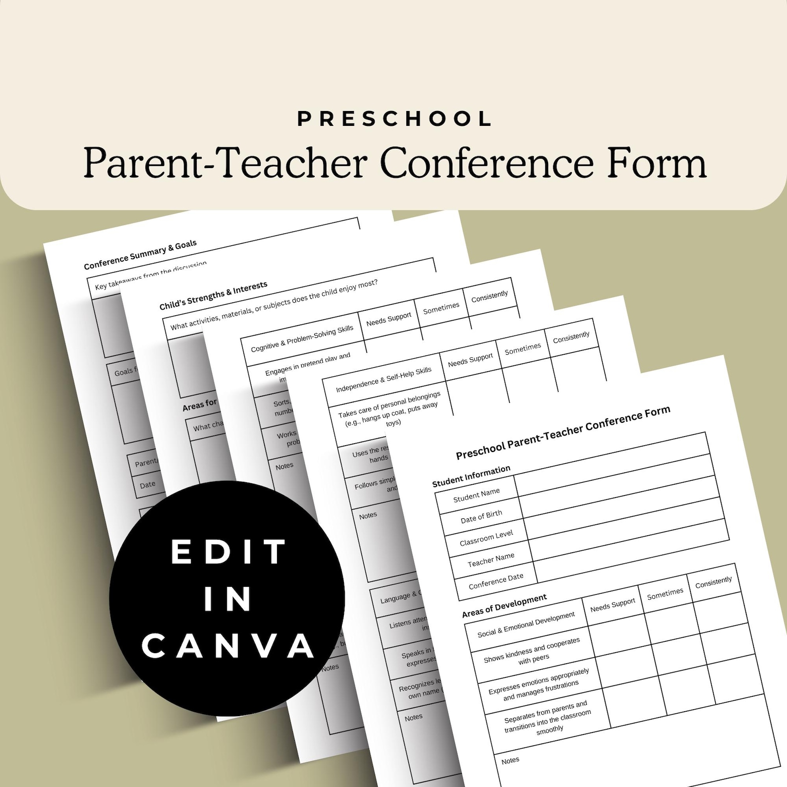 Customizable Preschool Parent-teacher Conference Form | Editable Canva ...