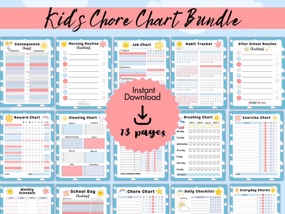 Kid's Blue Chore Chart Printable Bundle - 73 Pages - Etsy