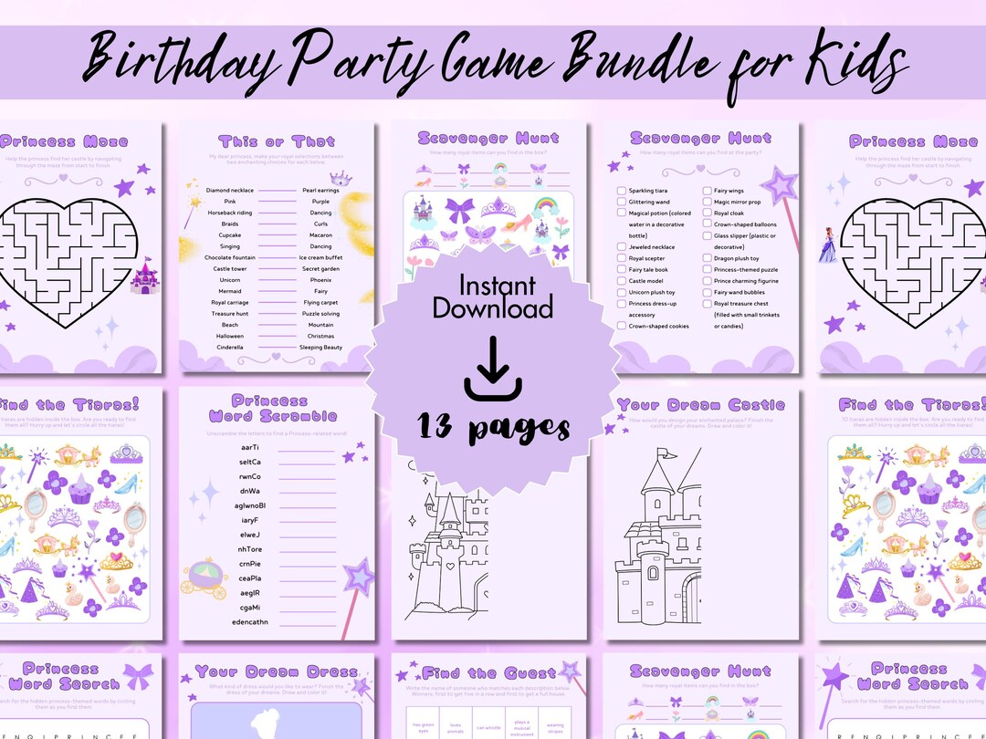 Purple Princess Birthday Party Printable Game Bundle - 13 Pages - Etsy
