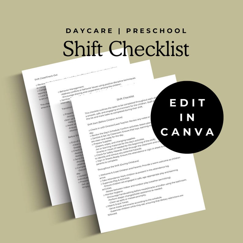 Editable Canva Template Preschool Shift Checklist: Streamline Daily ...
