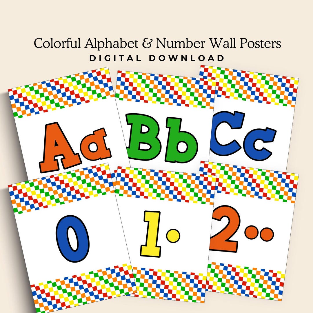 Colorful Checkerboard Alphabet & Number Wall Posters | A-Z and 0-9 PDF ...