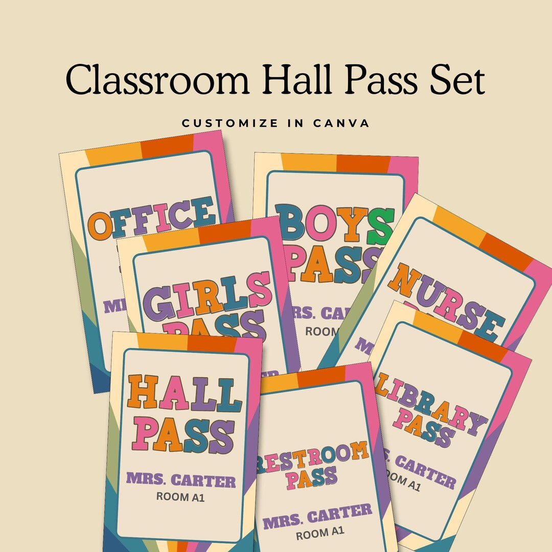 Editable Classroom Hall Pass Set – Retro Vibes – Custom Canva Template ...