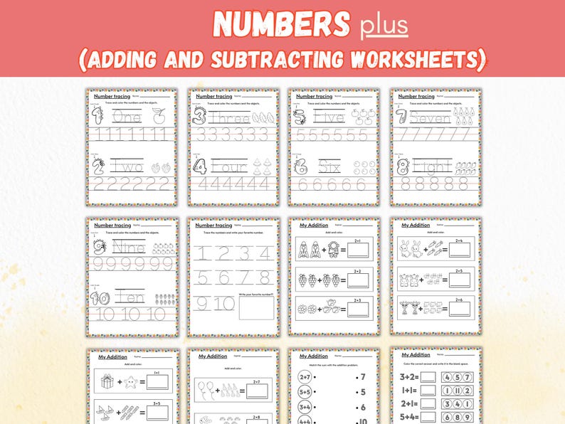 Numbers Plus Adding and Subtracting Worksheets - Etsy