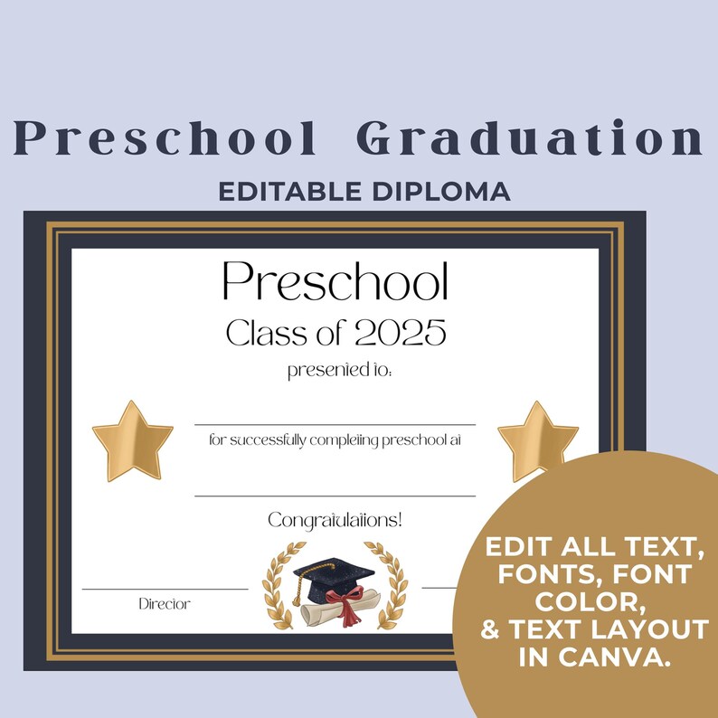 Preschool Graduation Template Bundle | Editable Canva Set | Diploma ...