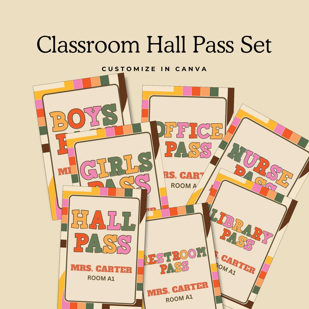 Editable Classroom Hall Pass Set – Boho Retro – Custom Canva Template ...