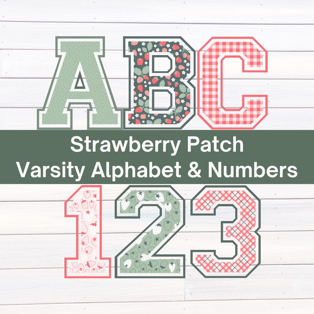 Strawberry Patch Varsity Alphabet & Number PNG Set – Uppercase Letters ...