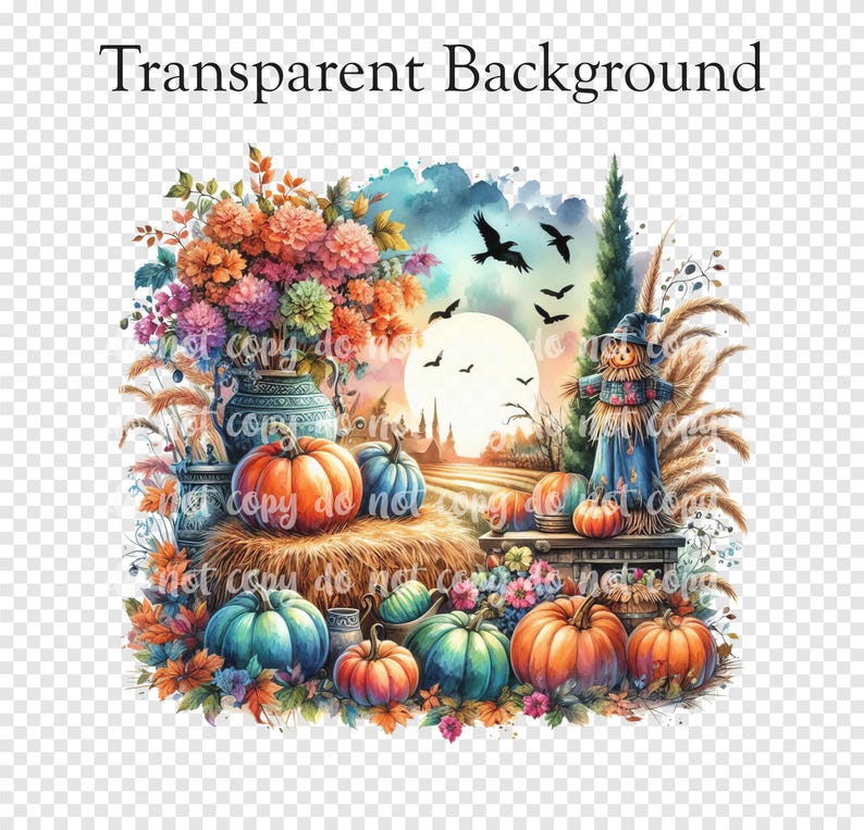 PNG Fall Centerpiece Digital Design With Pumpkins, Scarecrow, Etc ...